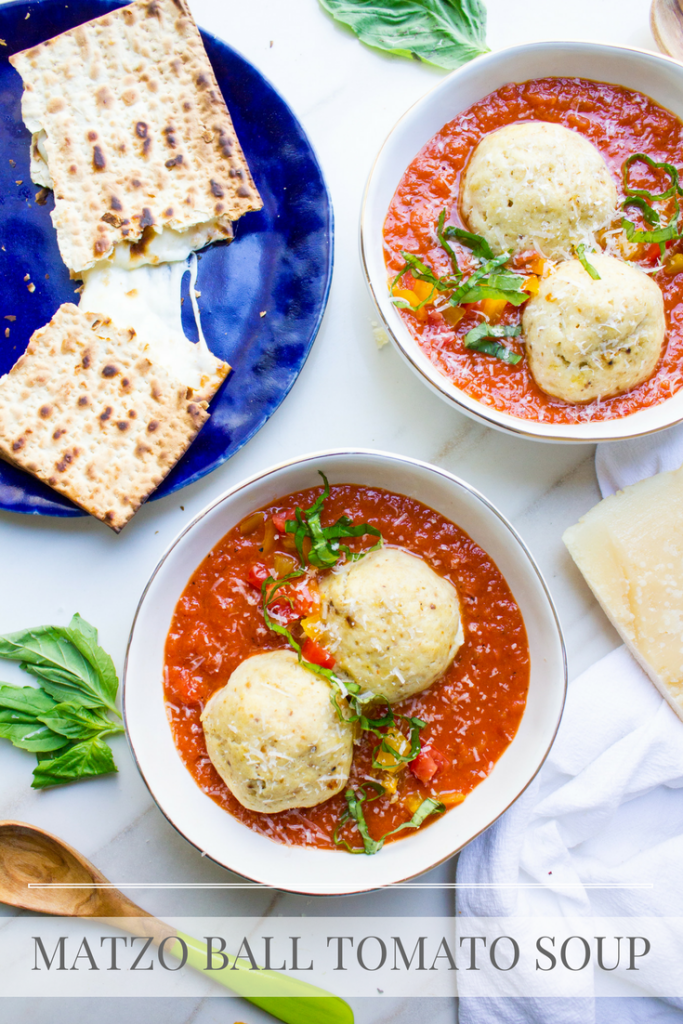 Matzo Ball Tomato Soup with Mozzarella Stuffed Matzo Balls a